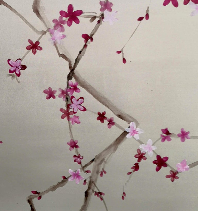 Hand Painted Wallpaper "Sakura", Set of Three - Made in Spain For Sale ...