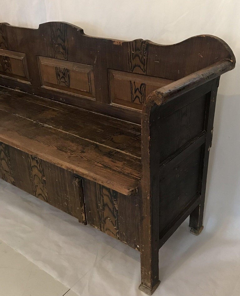 Handsome Antique Faux Painted Hungarian Pine Bench For Sale at 1stDibs