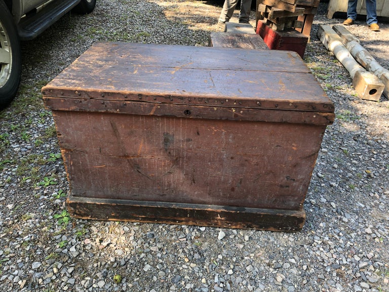 Handsome Big Distressed Red Wooden Trunk at 1stDibs