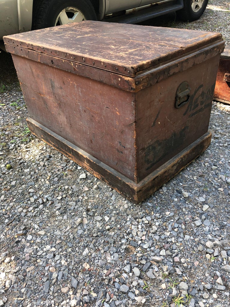 Handsome Big Distressed Red Wooden Trunk at 1stDibs