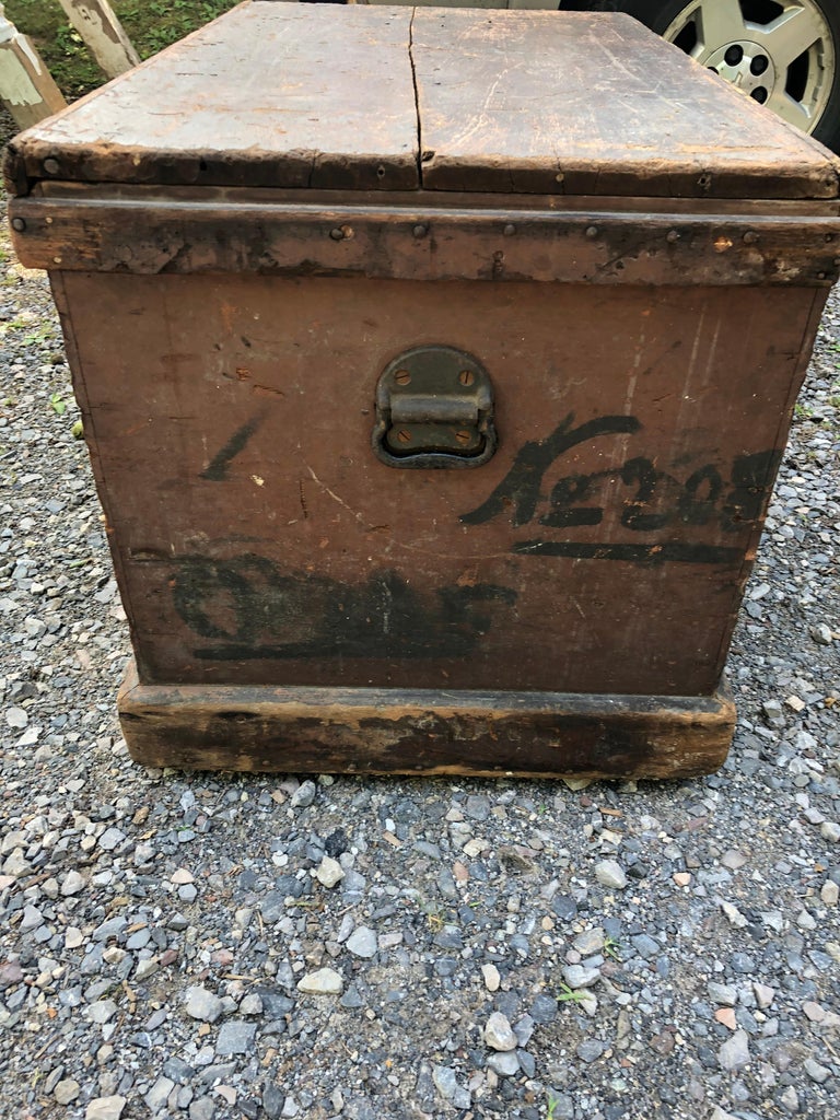 Handsome Big Distressed Red Wooden Trunk at 1stDibs