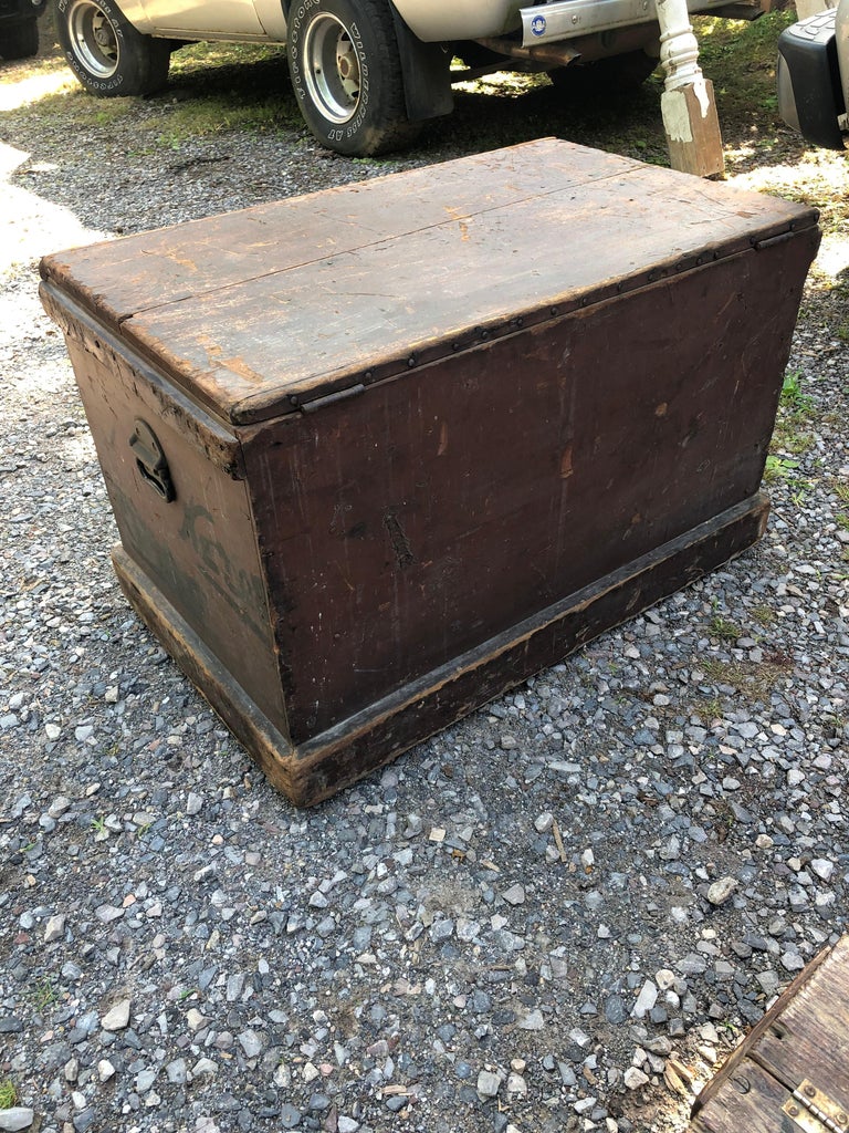 Handsome Big Distressed Red Wooden Trunk at 1stDibs