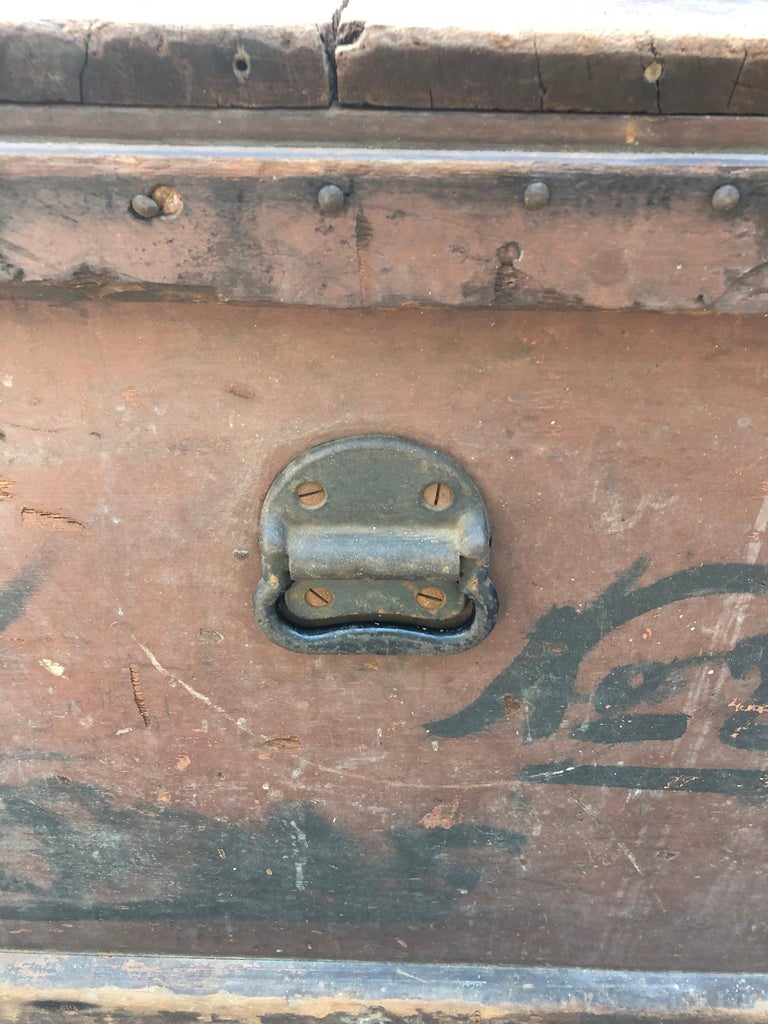 Handsome Big Distressed Red Wooden Trunk at 1stDibs