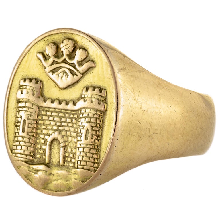 Handsome Circa 1910 Antique Yellow Gold Castle and Shield Signet Ring ...