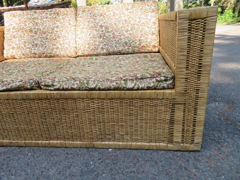 Handsome Danny Ho Fong Style Wicker Cube Parson Loveseat Mid-Century ...