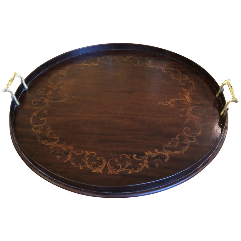 Handsome Inlay Wood Round Serving Tray For Sale at 1stDibs