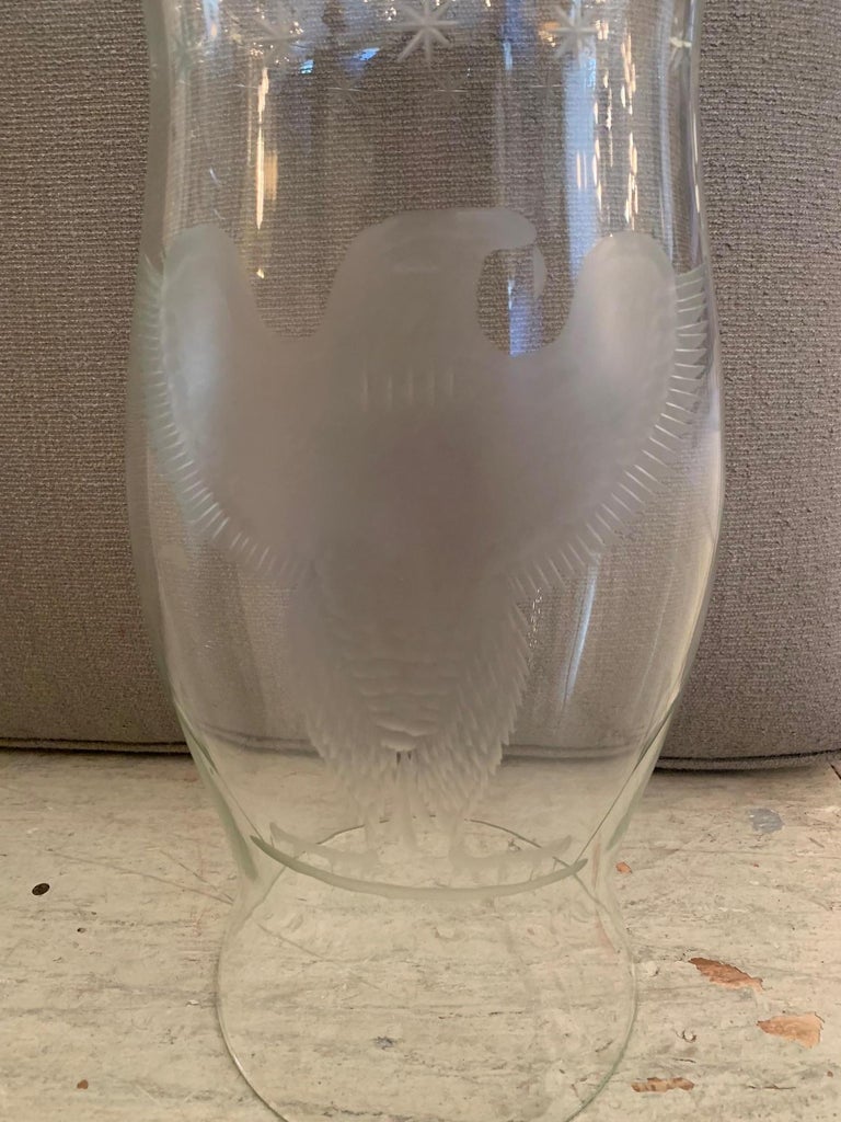 Handsome Large Pair of Glass Hurricanes with Eagles and Star Decoration ...