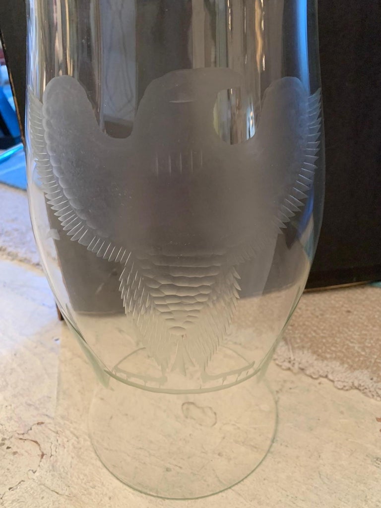 Handsome Large Pair of Glass Hurricanes with Eagles and Star Decoration ...