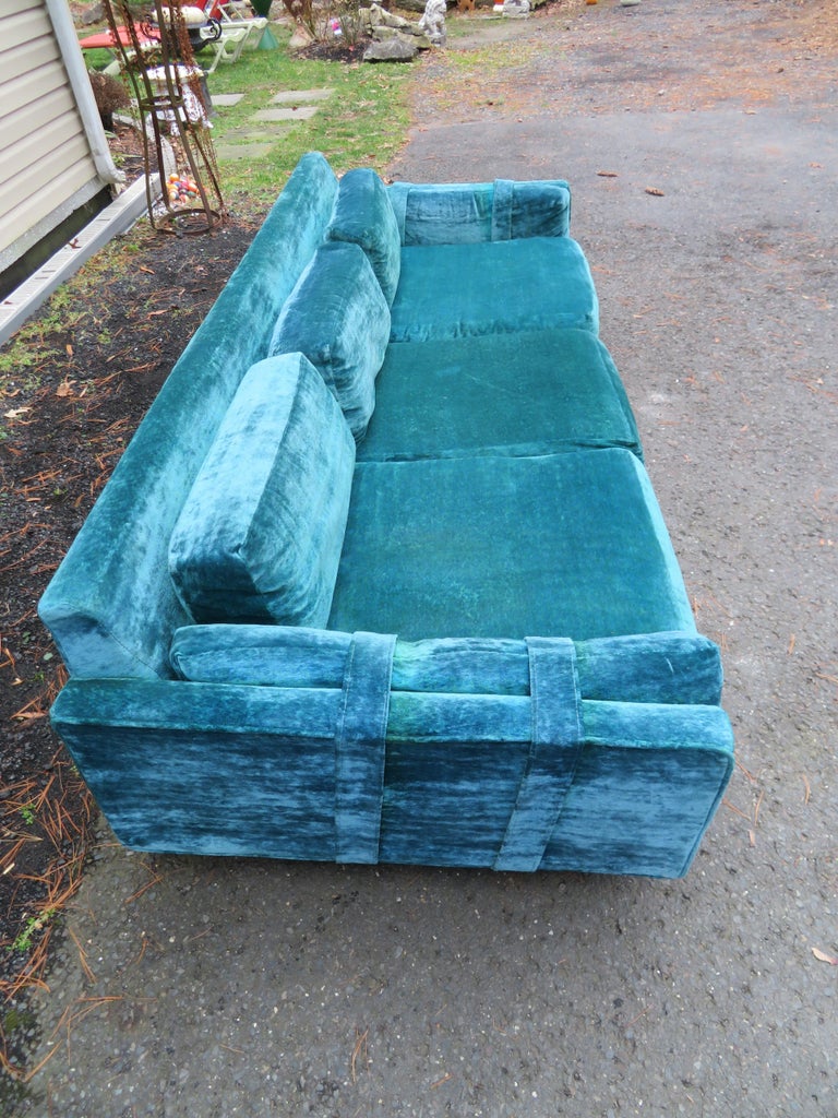 Handsome Milo Baughman Style Plinth Base Velvet Sofa Mid-Century Modern ...