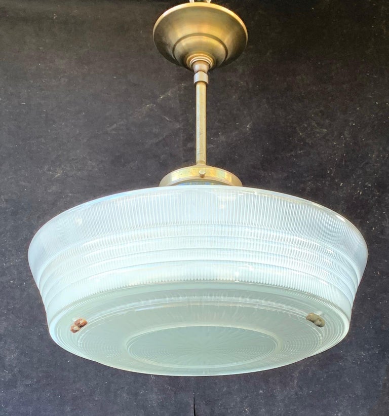 Pair of Holophane Pendant Textured Glass Bronze Light Fixtures ...