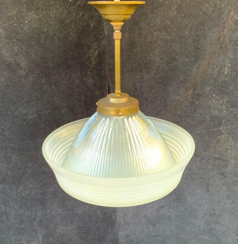 Pair of Holophane Pendant Textured Glass Bronze Light Fixtures ...