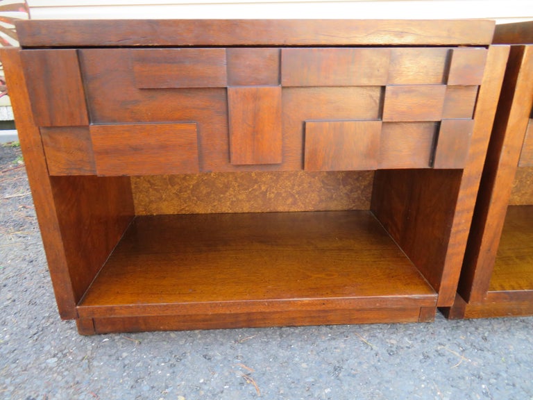 Handsome Pair of Lane Mosaic Brutalist Walnut Night Stands Mid-Century ...