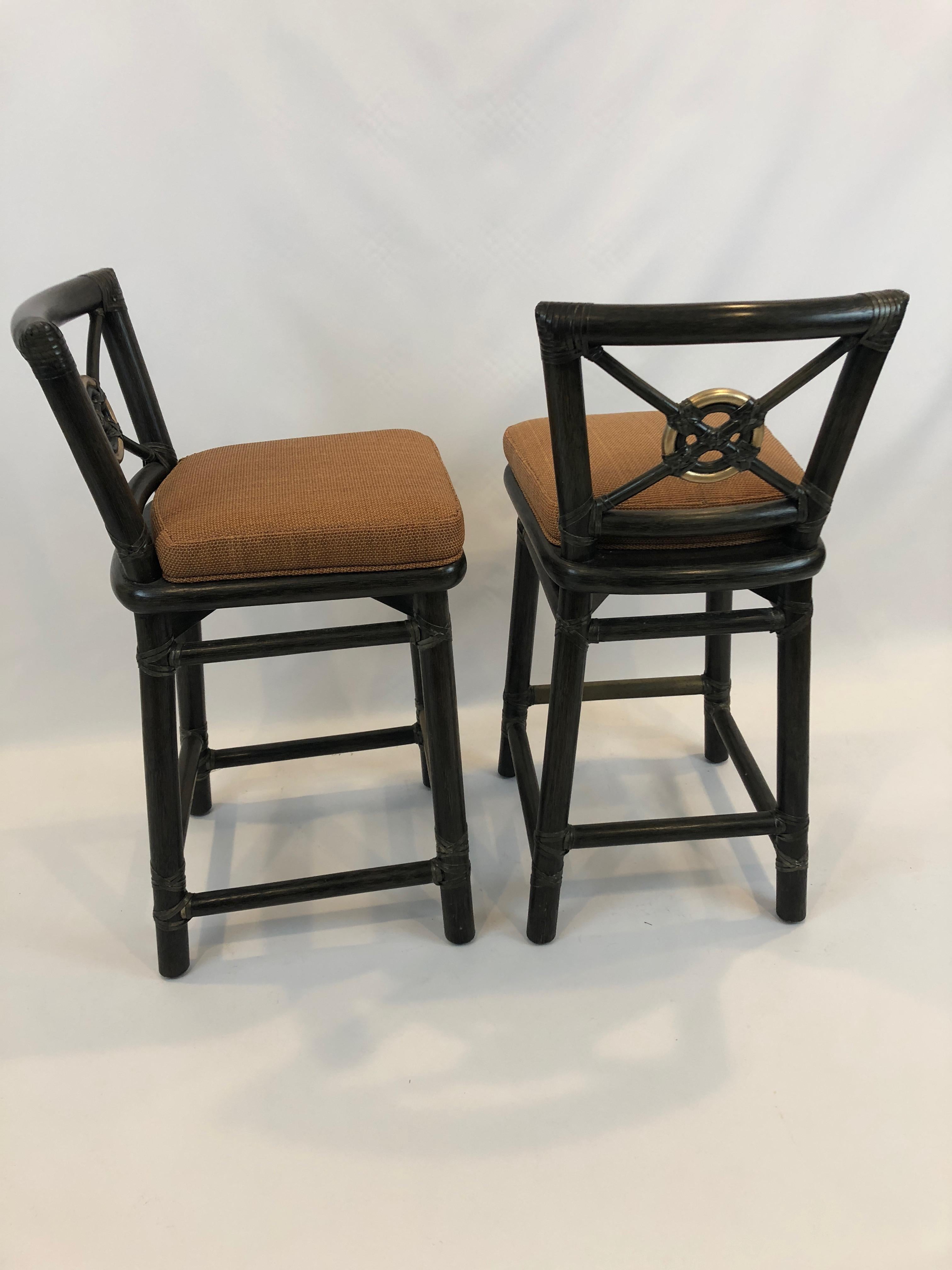 Handsome Pair of McGuire Bamboo Counter Stools with Bronze Foot Rail ...