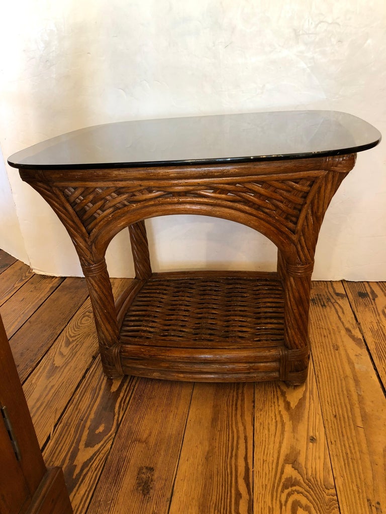 Handsome Pair of Mid-Century Modern Rattan and Smoky Glass End Tables For Sale at 1stDibs