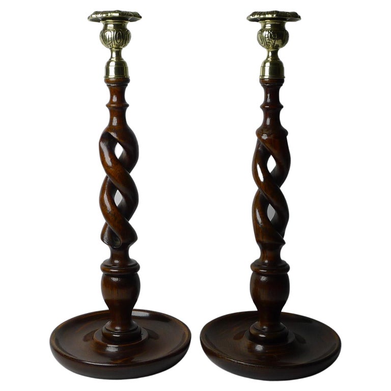 Handsome Tall Open Oak Barley Twist Candlesticks c.1910 For Sale at 1stDibs