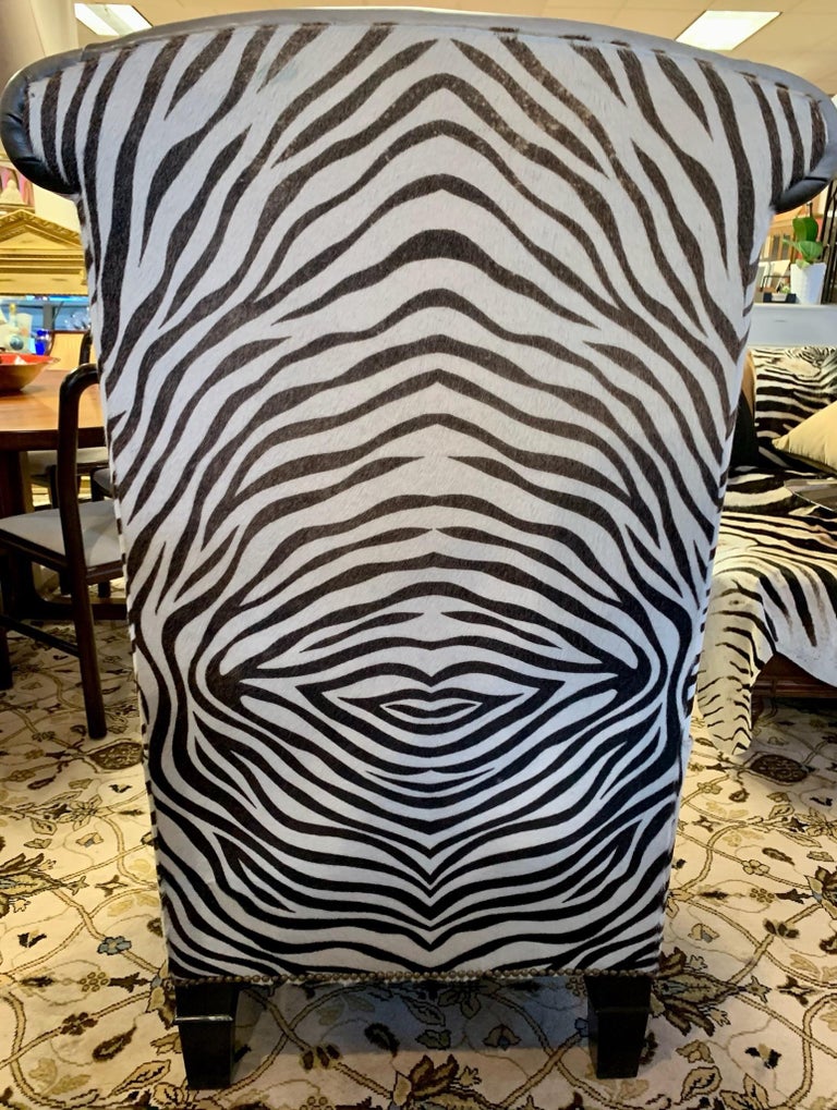 Handsome Tall Black Leather and Zebra Print Wingback Chair at 1stDibs