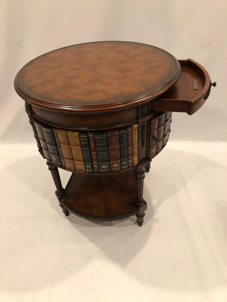 Handsome Theodore Alexander Round Leather and Burl Book Motif Side ...