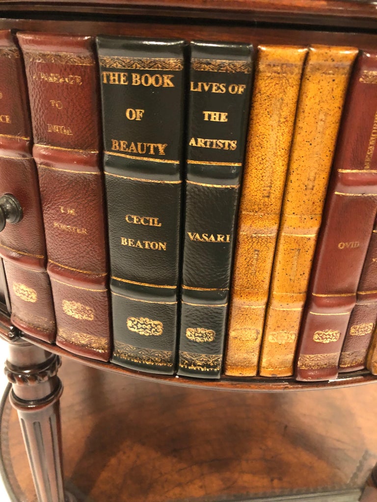 Handsome Theodore Alexander Round Leather and Burl Book Motif Side ...