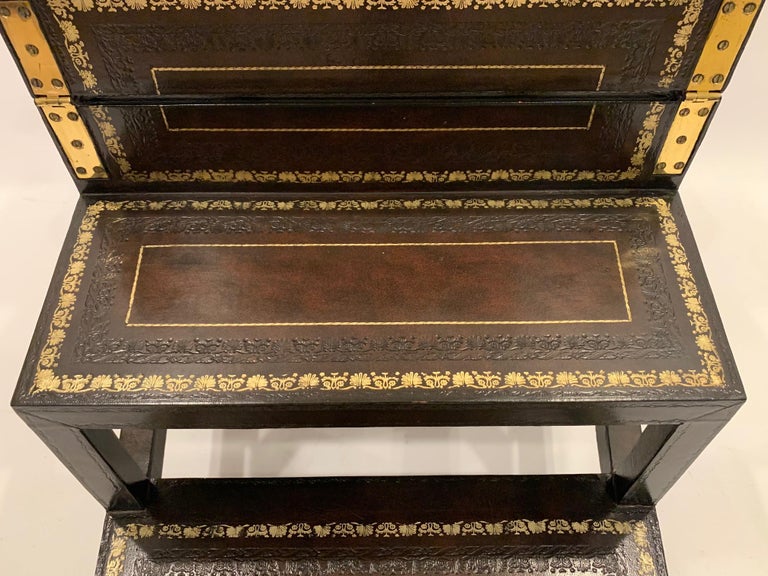 Handsome Vintage Convertible Leather Wrapped Chair Library Steps For ...