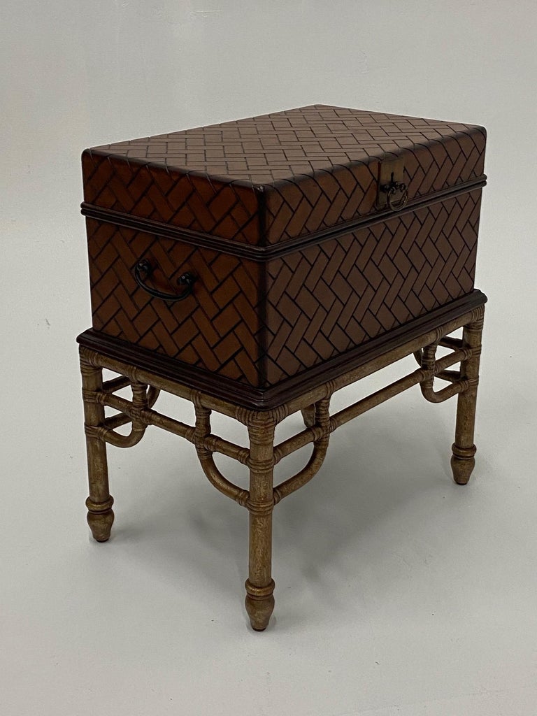Handsome Woven Wooden Box on Bamboo Stand End Table For Sale at 1stDibs