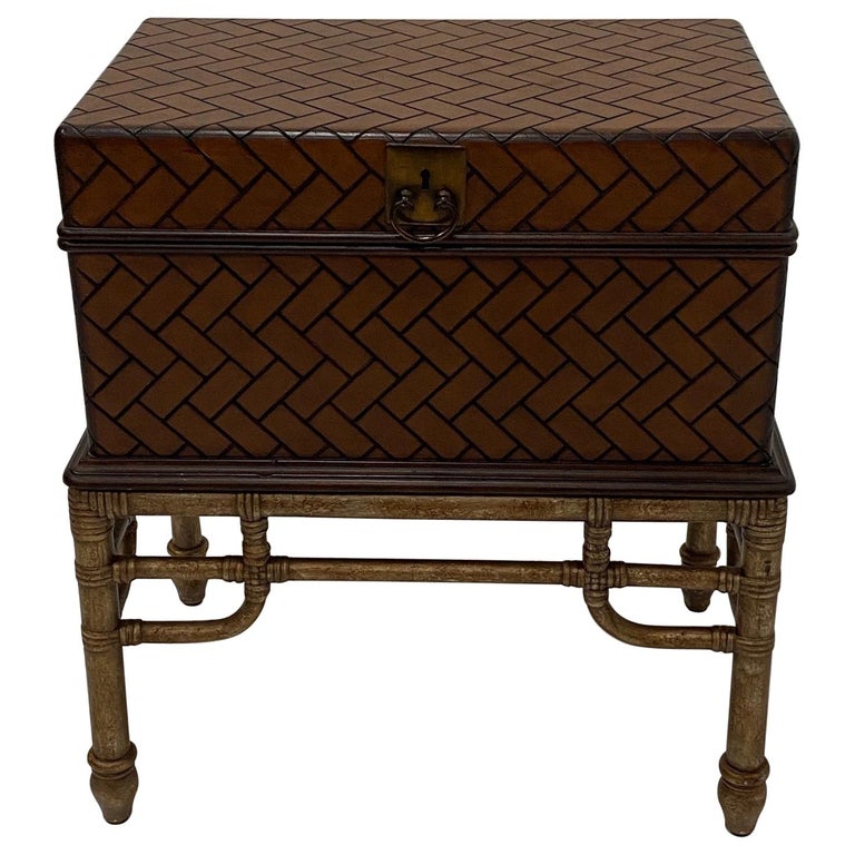 Handsome Woven Wooden Box on Bamboo Stand End Table For Sale at 1stDibs