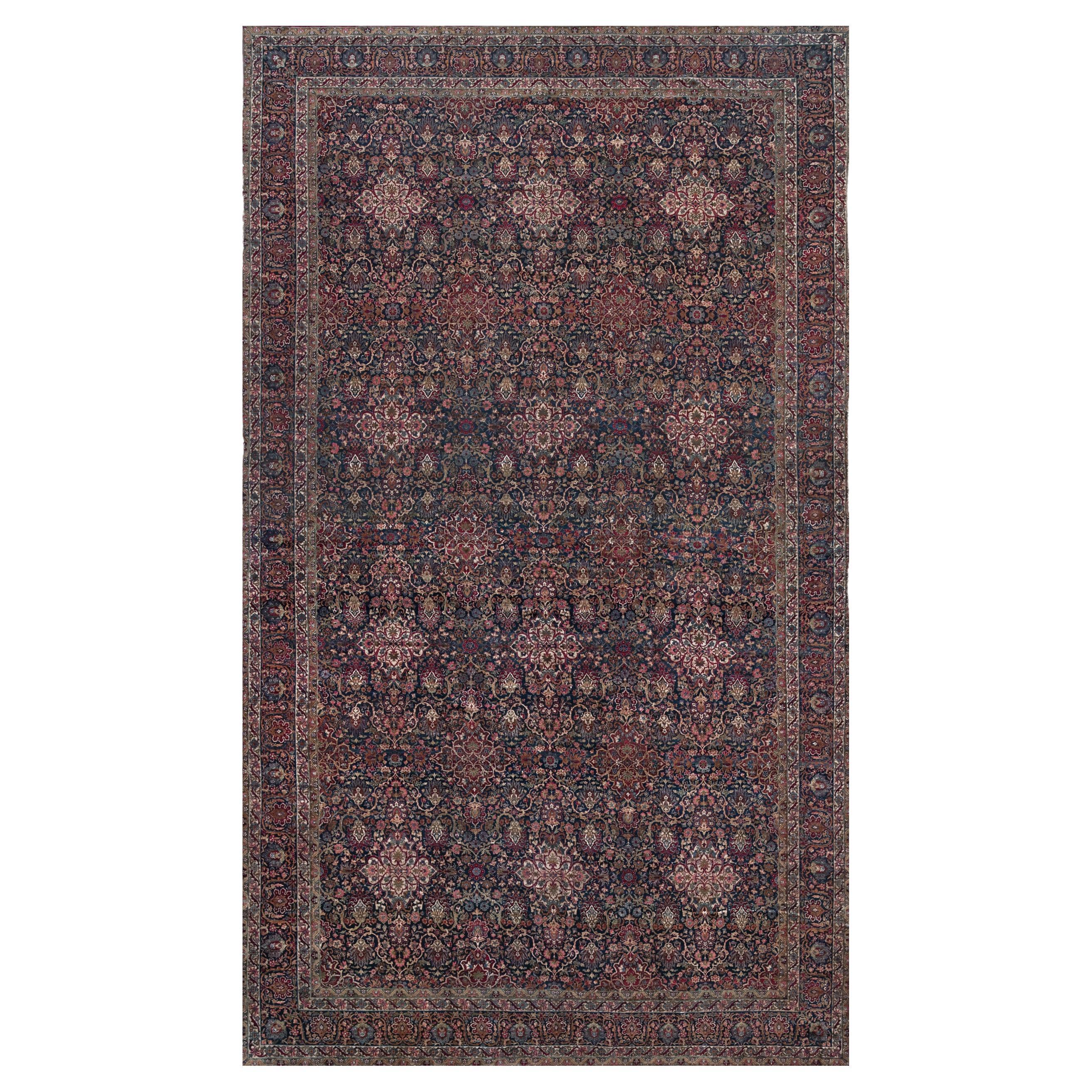 Antique Persian Square Rose Ivory Navy Blue Floral Kirman Rug, circa ...