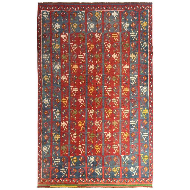 Handwoven Antique Rug in Red and Blue Geometric All-Over Pattern by Rug ...
