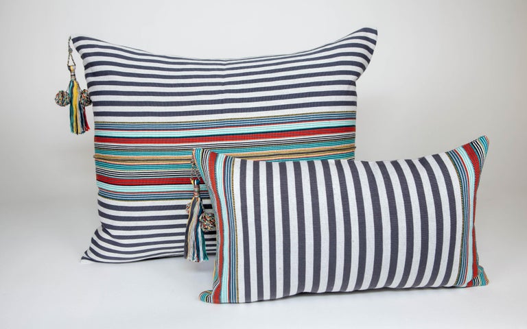 Handwoven Fine Cotton Sm Pillow Grey Stripes with Multi-Color Trim and ...