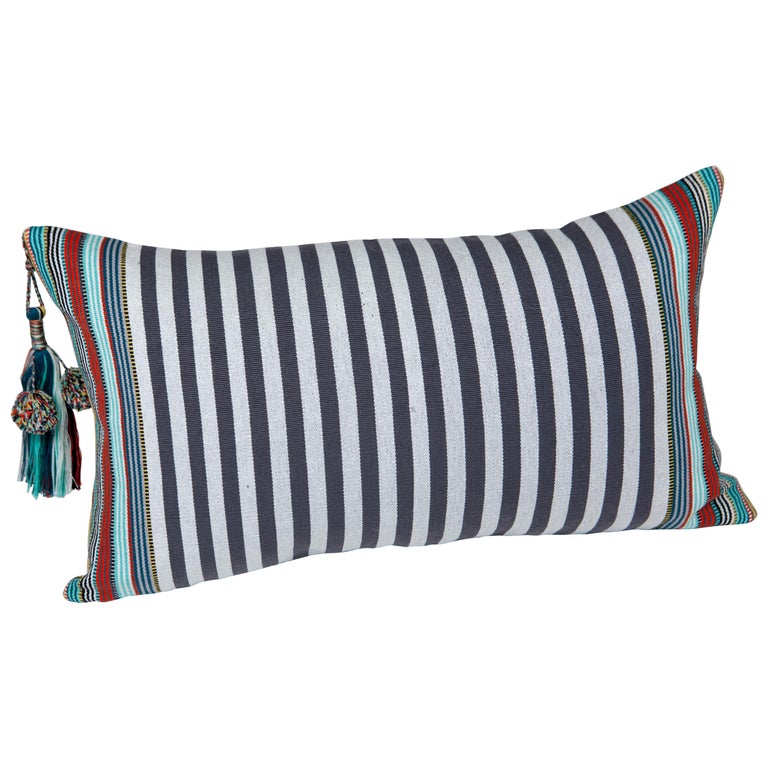 Handwoven Fine Cotton Sm Pillow Grey Stripes with Multi-Color Trim and ...