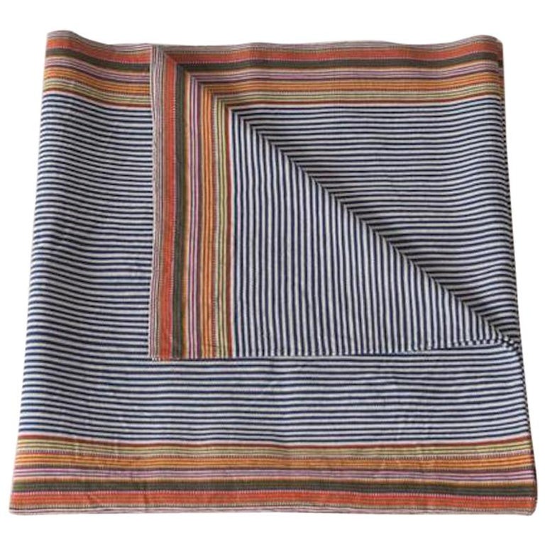 Handwoven Fine Cotton Throw in Blue Stripes with Multi-Color Trim, in ...