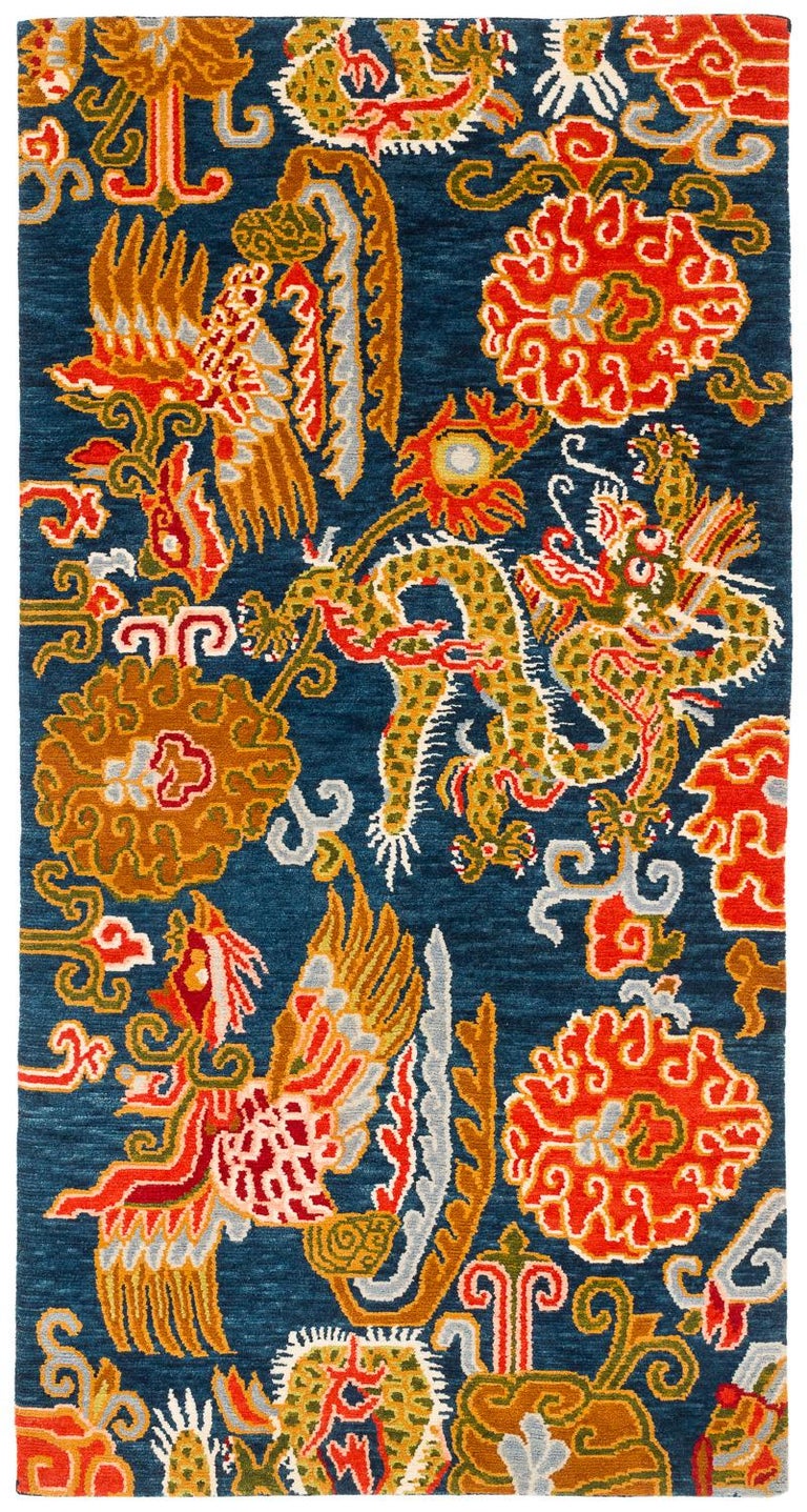 Handwoven Indigo and Red Chinese Dragon and Phoenix Rugs by Carini For ...