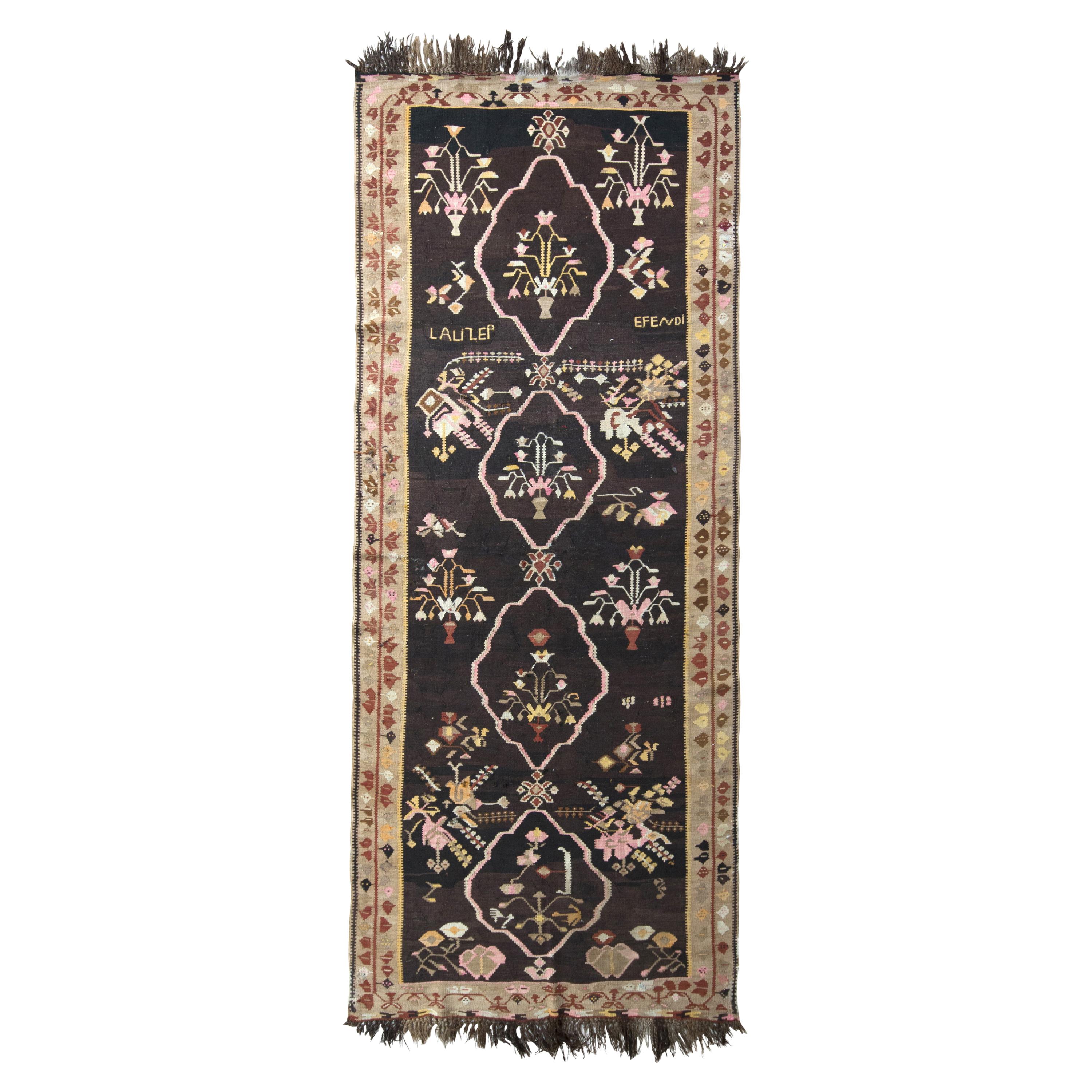 Handwoven Midcentury Vintage Rug in Beige Brown Floral Pattern by Rug ...