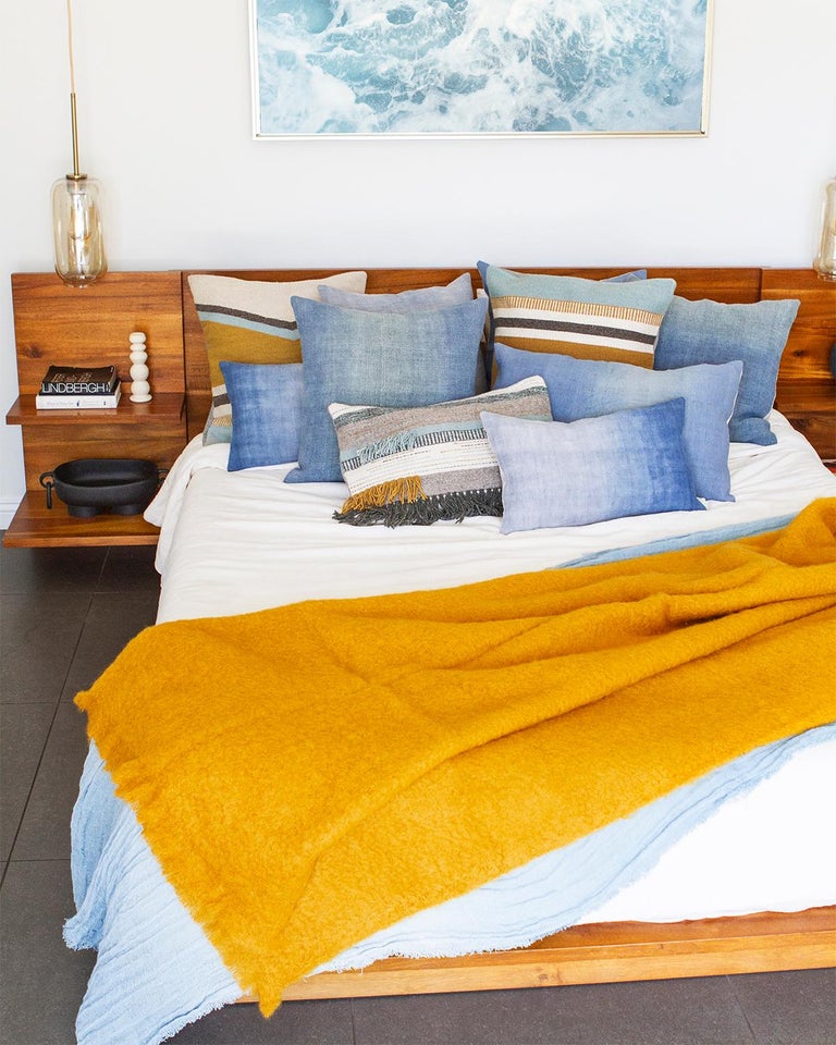 Handwoven New Boho Style Wool Throw Pillow In Ochre And Indigo In Stock For Sale At 1stdibs