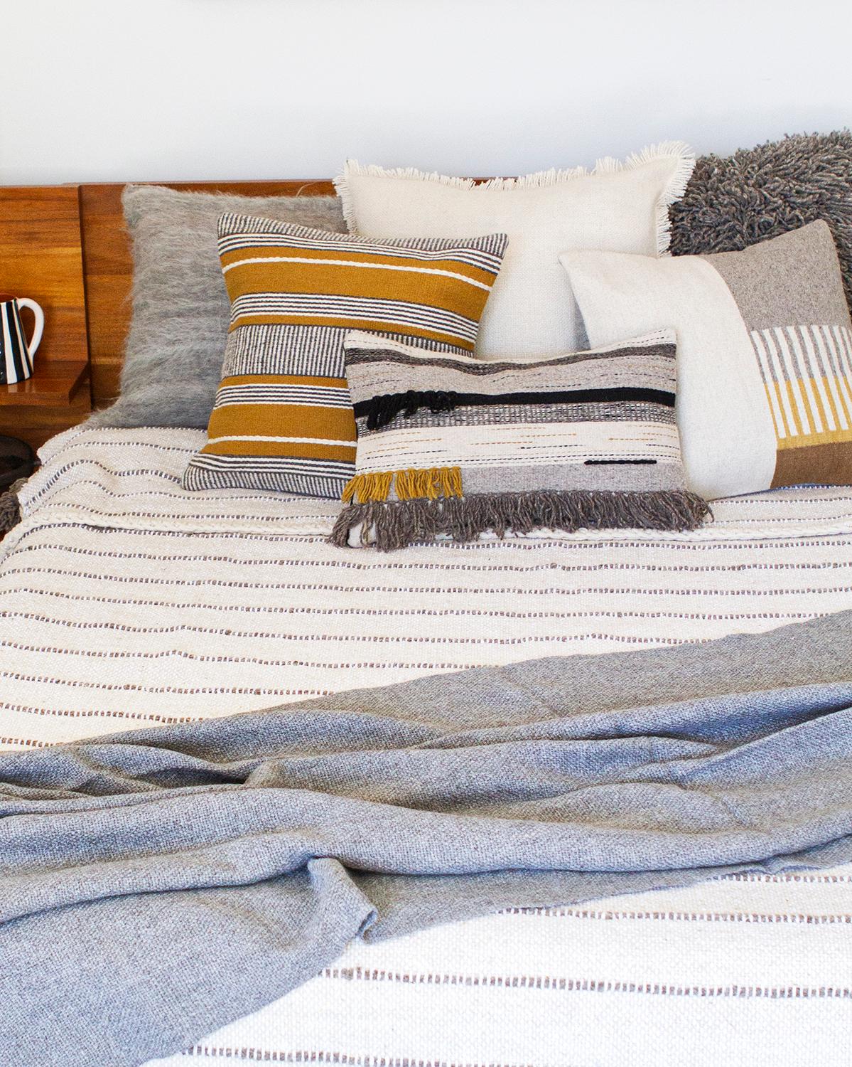 Handwoven New Boho Wool Throw Pillow in Ochre and Indigo with Fringe ...