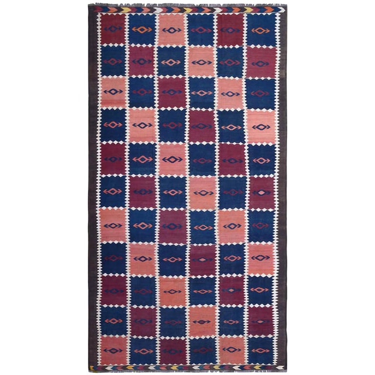 End-20th Century Handwoven Checkered Blue Red Kilim Carpet For Sale at ...