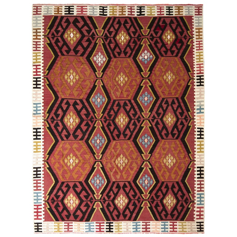 Handwoven Vintage Mid-Century Kilim Rug Tribal Geometric Pattern by Rug ...