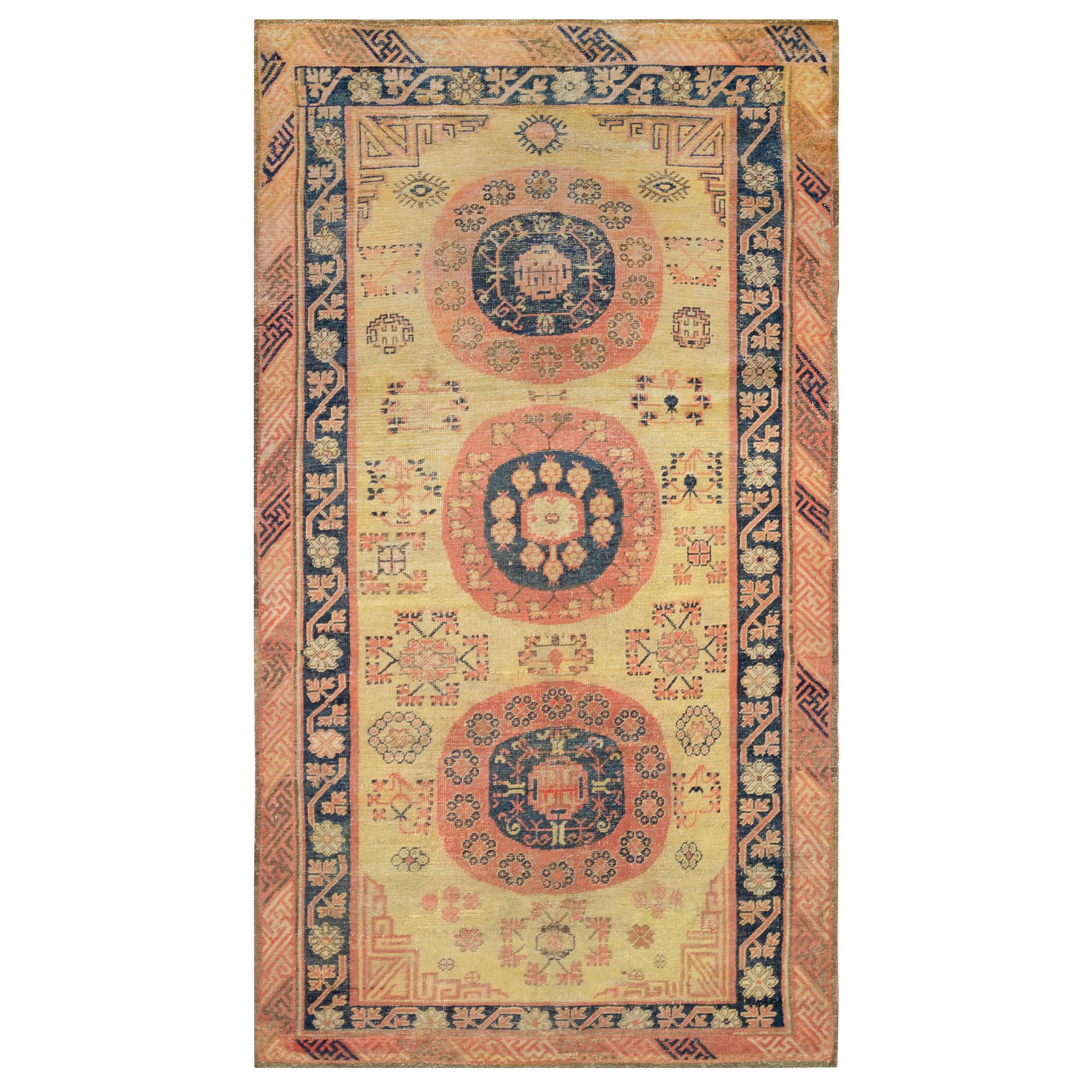 Long Handwoven Wool Mid 19th Century Khotan Rug For Sale at 1stDibs