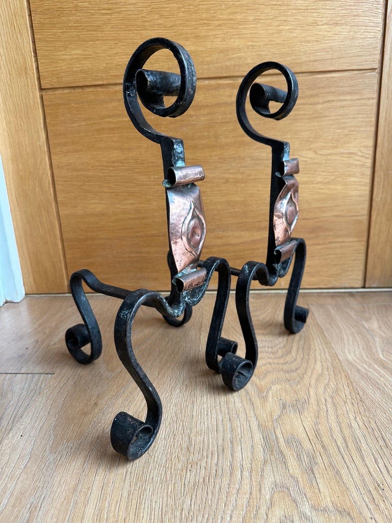 Handwrought Iron and Copper Gothic Fireplace Andirons Firedogs, 19th ...