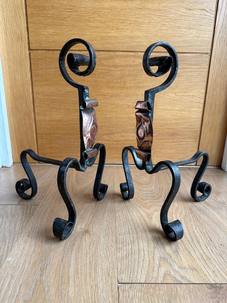 Handwrought Iron and Copper Gothic Fireplace Andirons Firedogs, 19th ...