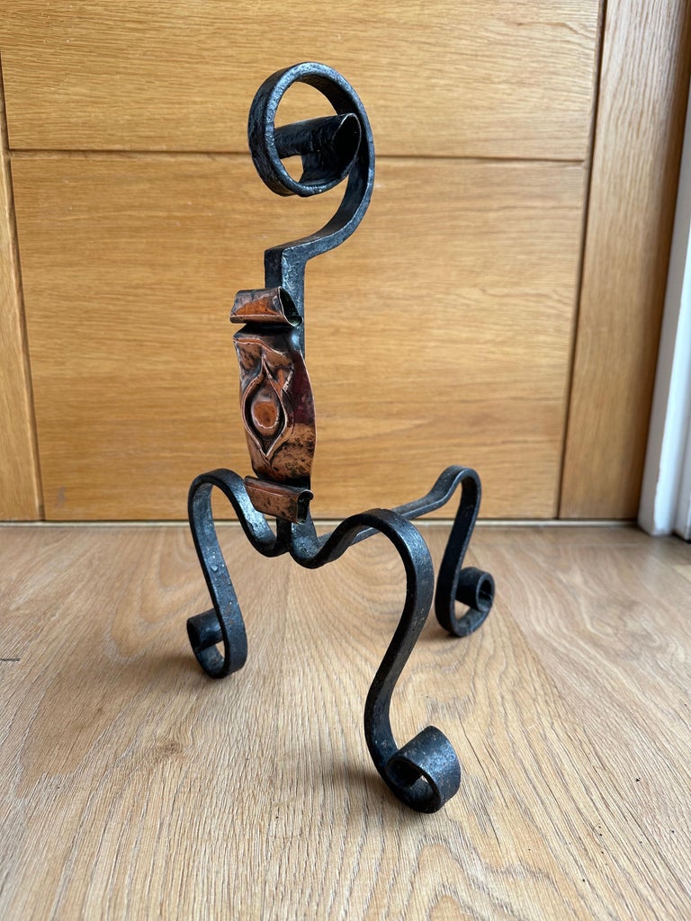 Handwrought Iron and Copper Gothic Fireplace Andirons Firedogs, 19th ...