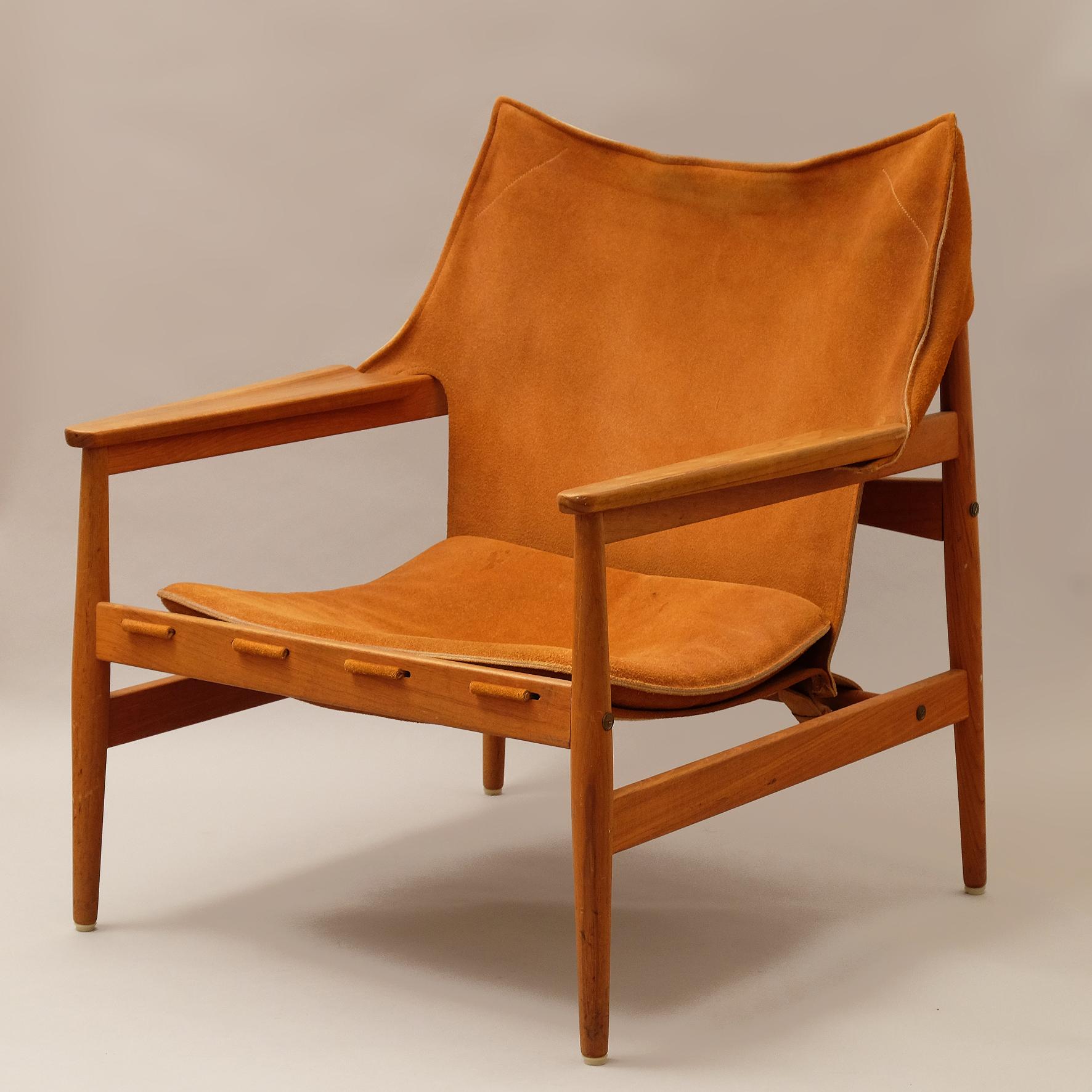Hans Olsen, Pair of Teak and Brown Suede Armchairs, circa 1960 at 1stDibs