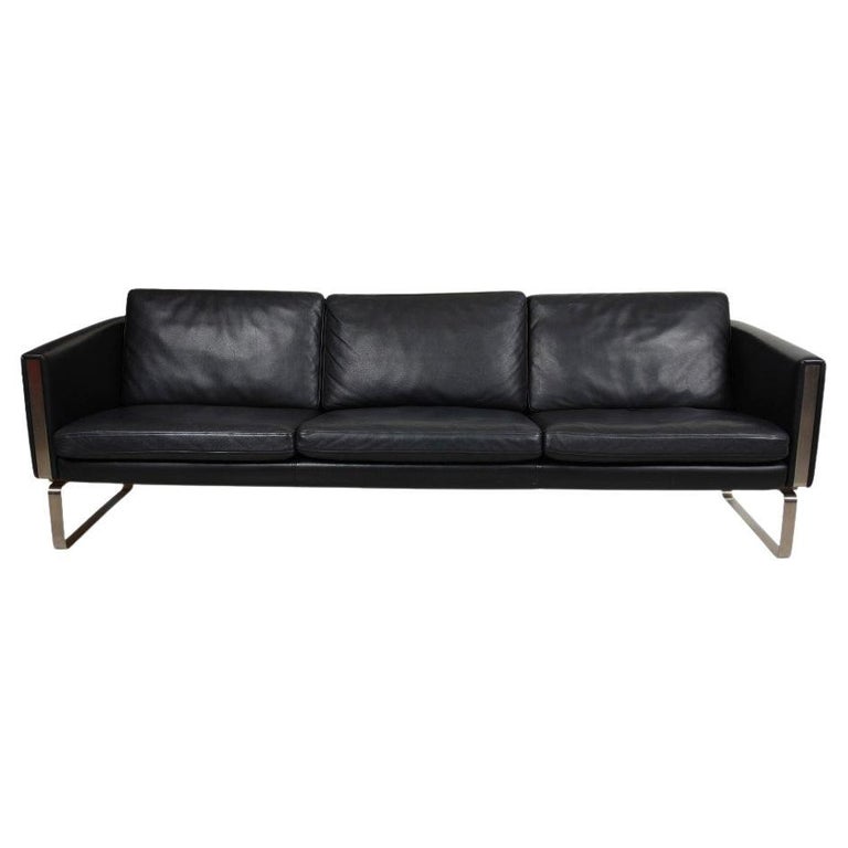 Hans Wegner Ch-103 3, Pers Sofa with Black Leather For Sale at 1stDibs