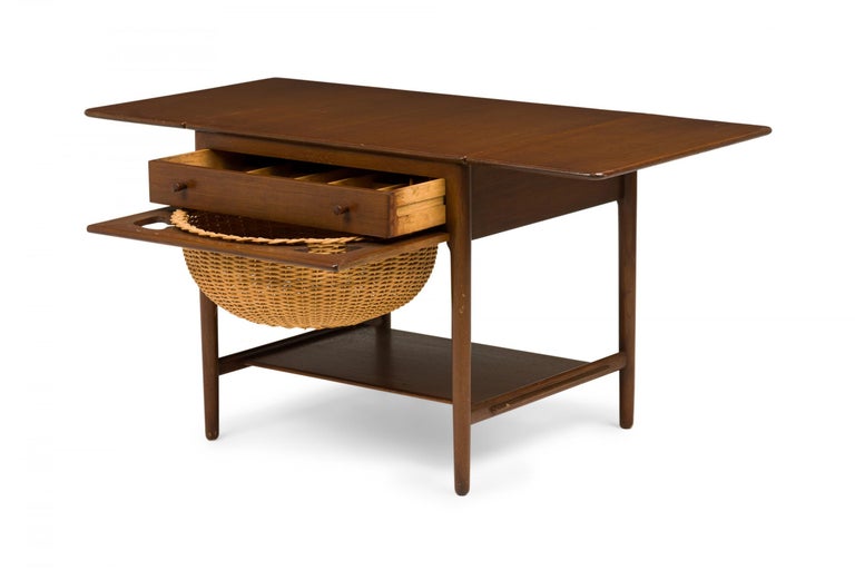Hans Wegner for Andreas Tuck Teak Wood Drop Leaf Woven Basket Sewing ...