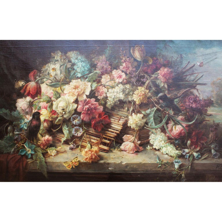 Hans Zatzka Oil on Canvas "Wicker Basket of Spring Flowers" For Sale at ...