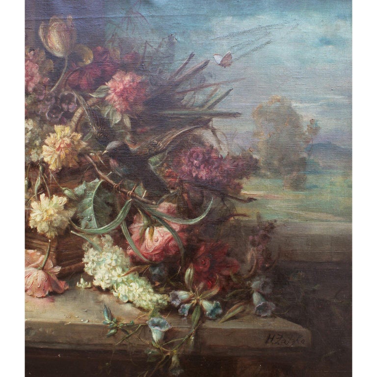 Hans Zatzka Oil on Canvas "Wicker Basket of Spring Flowers" For Sale at ...
