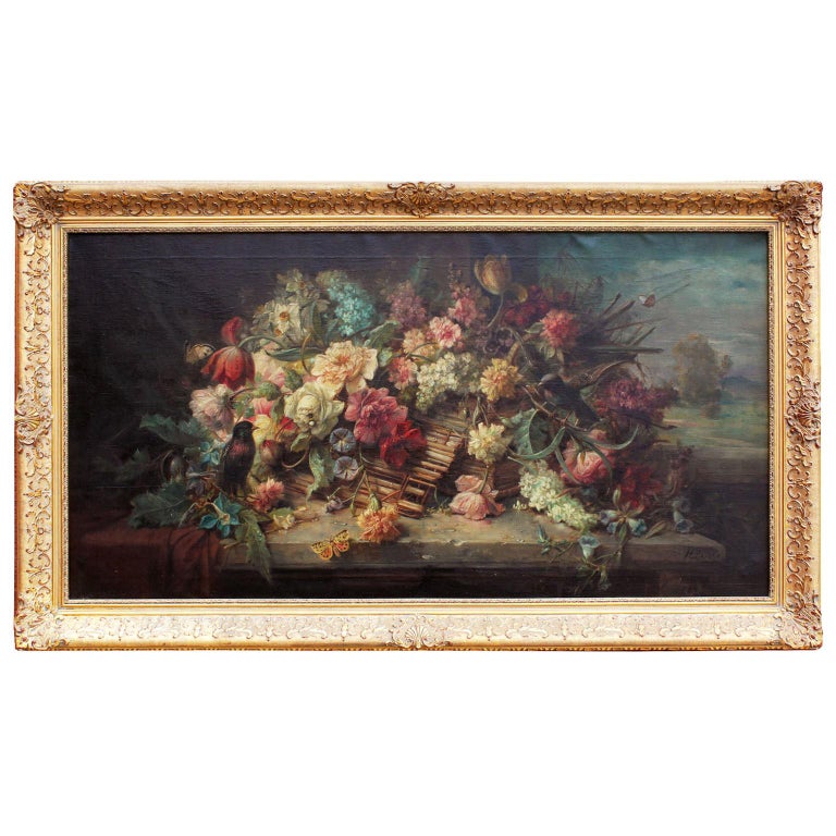 Hans Zatzka Oil on Canvas "Wicker Basket of Spring Flowers" For Sale at ...