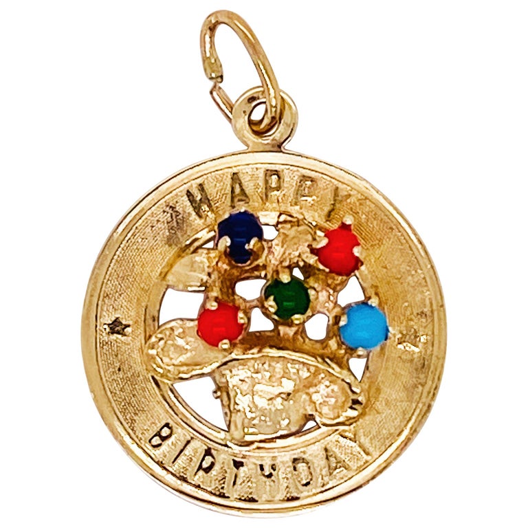 Happy Birthday Gold Multi Gemstone Charm, 14 Karat, 14 Karat Solid Gold ...