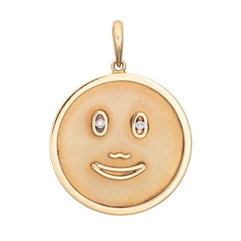 Happy Face Medallion Pendant Vintage Diamond Eyes 14k Yellow Gold Large ...