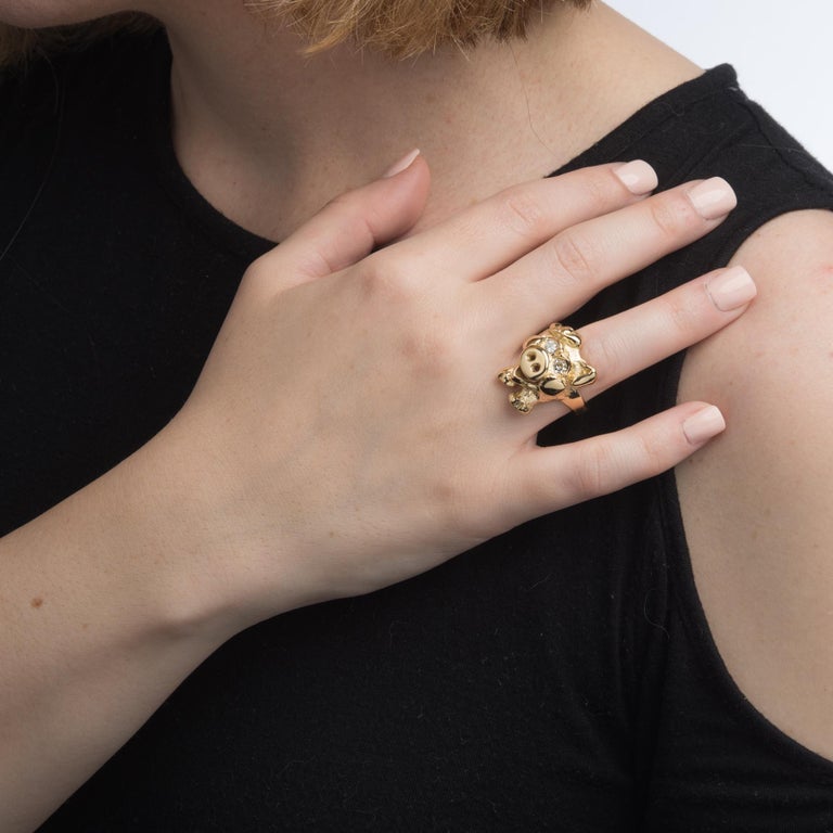 Happy Pig Ring Vintage 18k Yellow Gold Estate Fine Animal Jewelry Pre ...