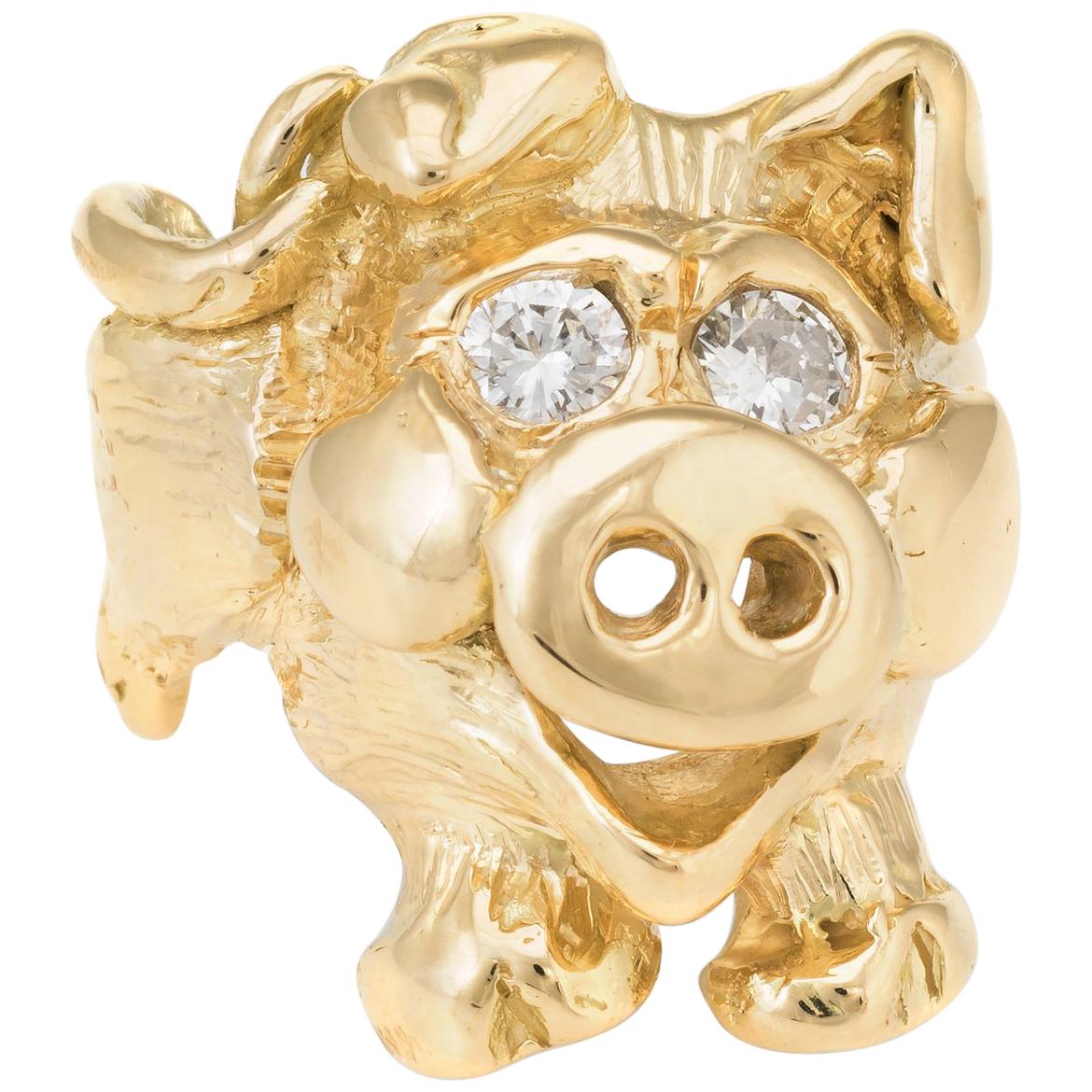Happy Pig Ring Vintage 18k Yellow Gold Estate Fine Animal Jewelry Pre ...